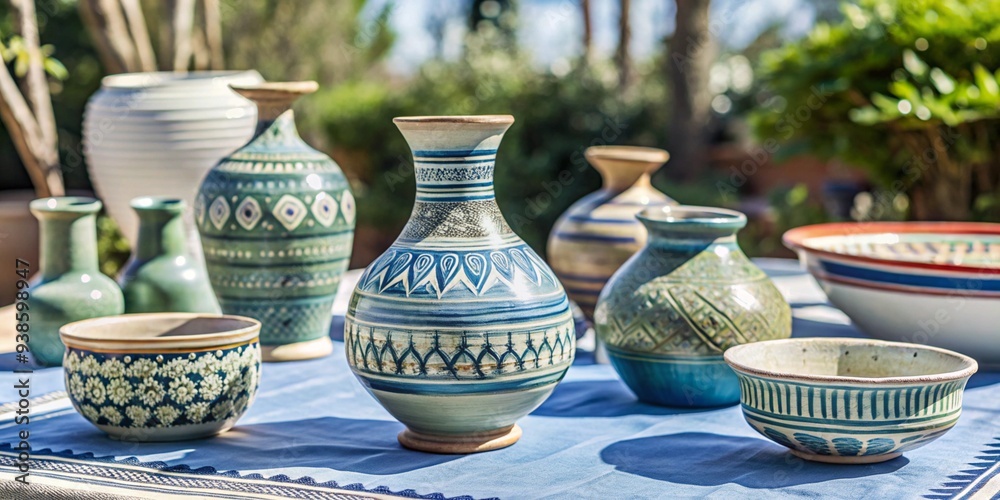 Colección De Objetos De Cerámica Artesanal En Mesa Incluyendo Jarrones