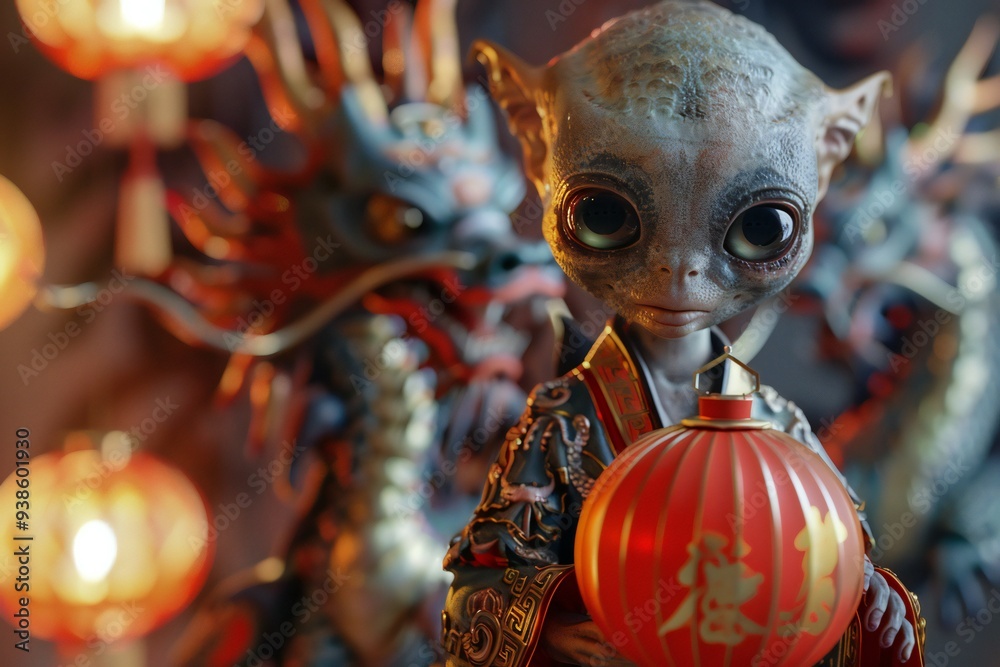 Cute stereo-typical grey alien wearing traditional Chinese dress ...