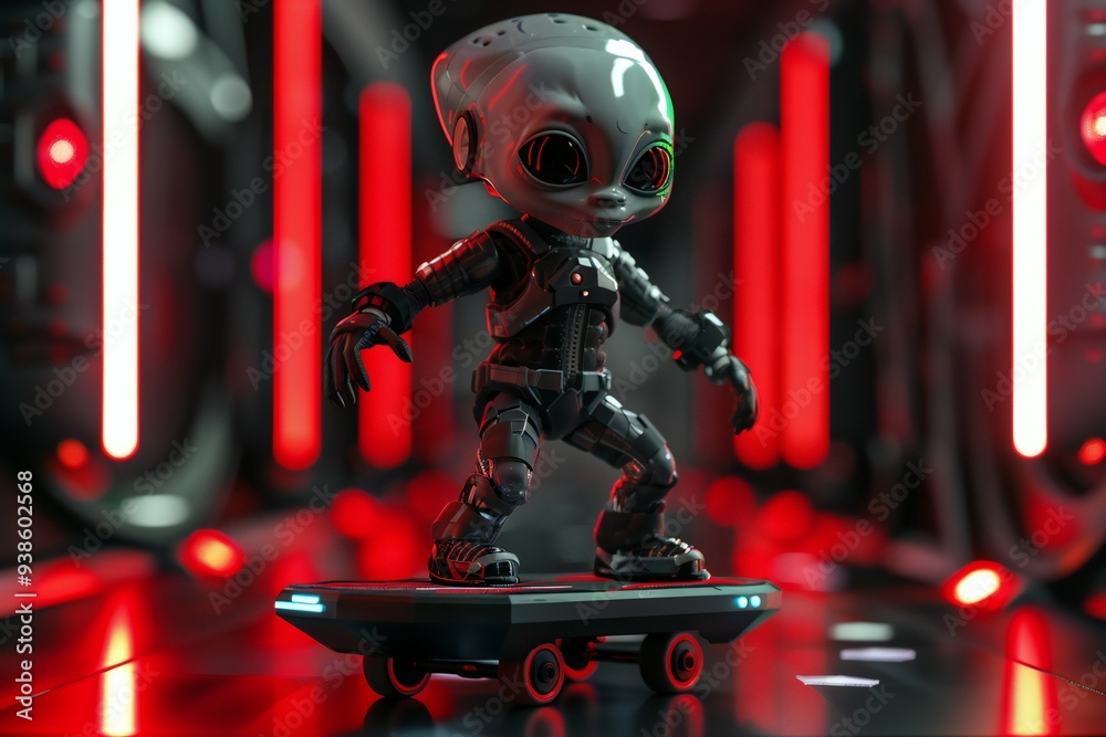 Cute stereo-typical grey alien wearing futuristic cyberpunk attire ...