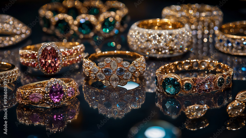 Jewelry Display Background with Intricately Designed Rings Necklaces ...