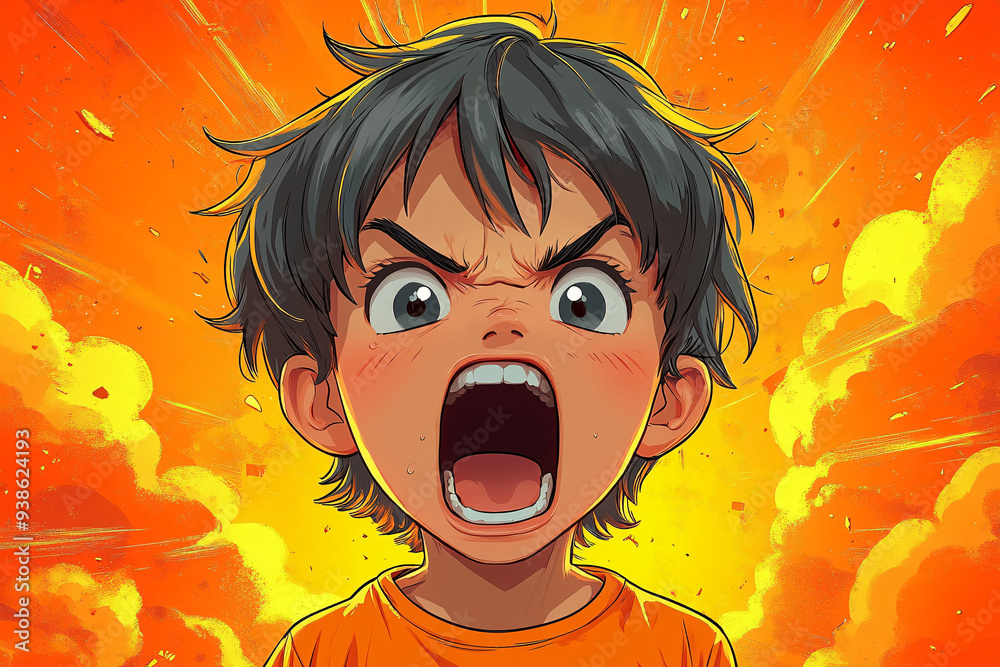 An illustration of a cartoon angry child shouting with their mouth wide ...