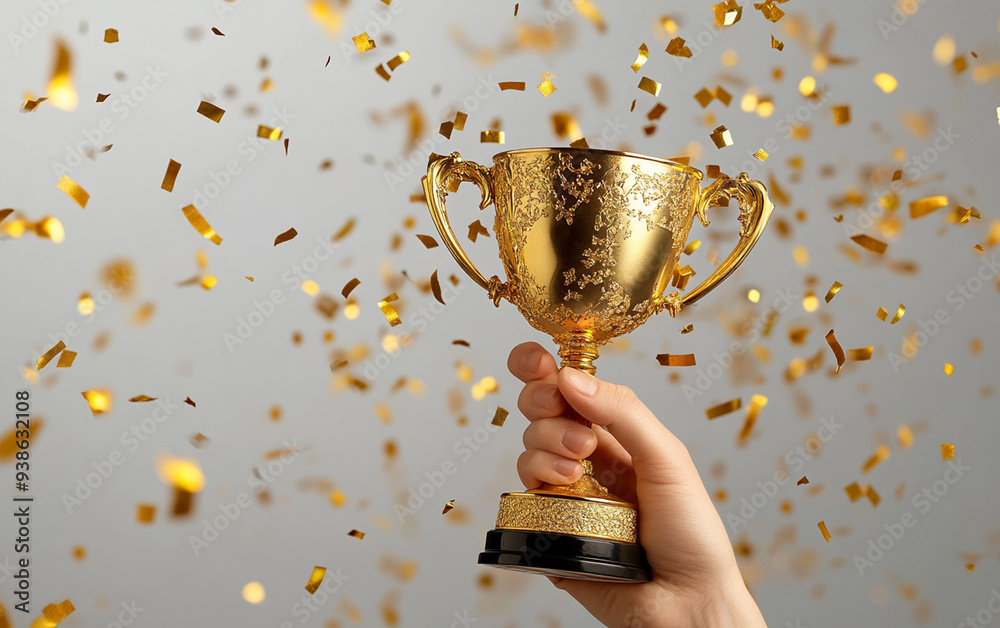 Hand holding gold trophy cup with confetti. celebrating with trophy ...