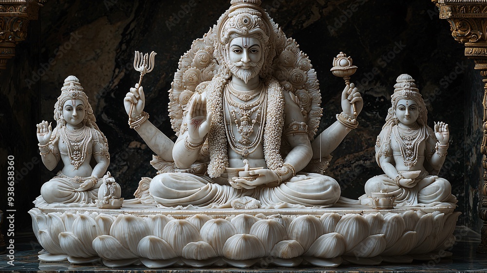 Brahma seated on a lotus flower, with his four faces gazing in ...