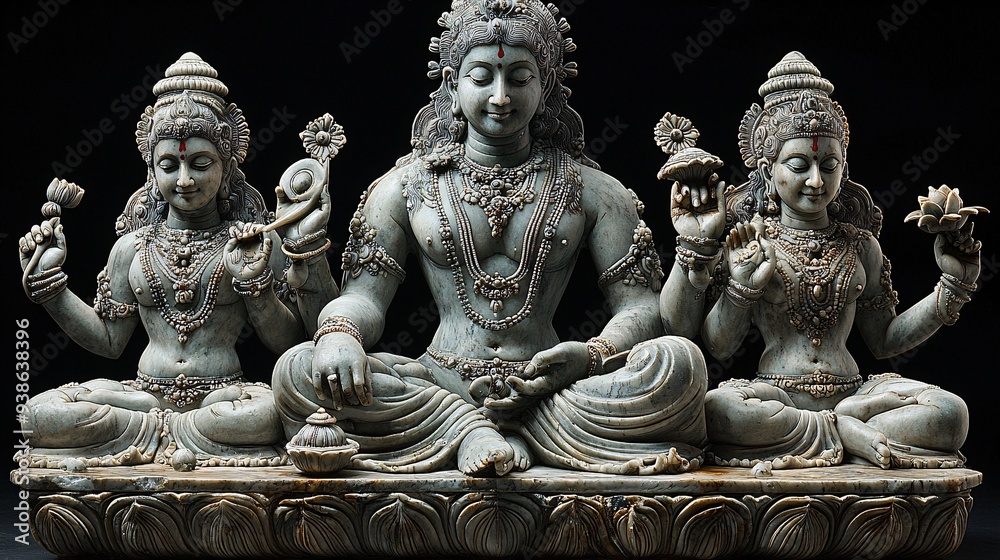 Brahma seated on a lotus flower, with his four faces gazing in ...