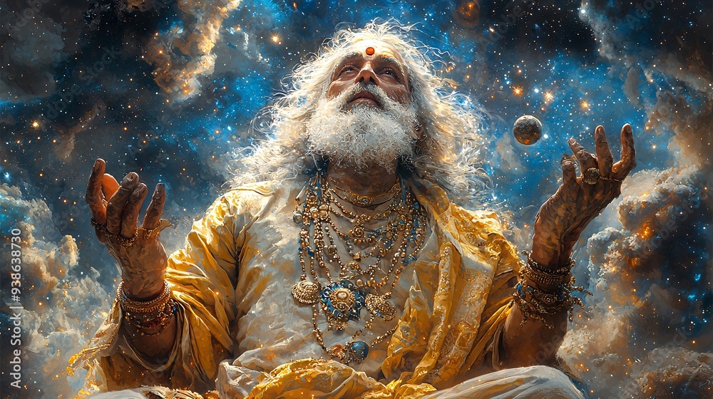 Brahma floating above the earth, holding symbols of creation and wisdom ...