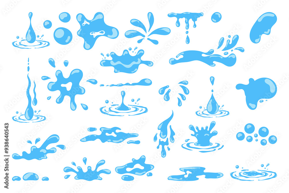 Cartoon blue dripping water drops, splashes, sprays and tears. Liquid ...