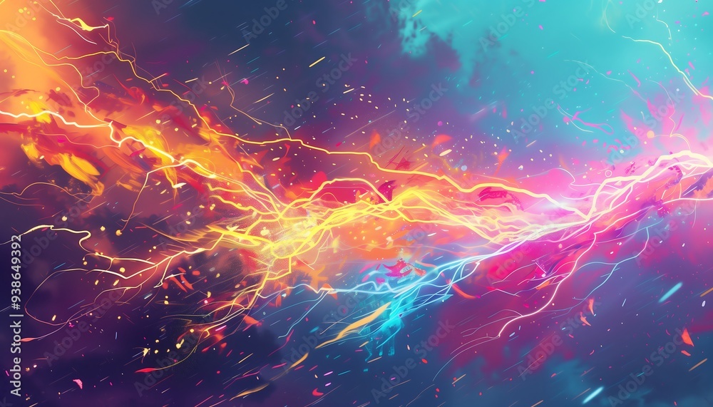 brightly colored lightning streaks in a dark sky with clouds Stock ...