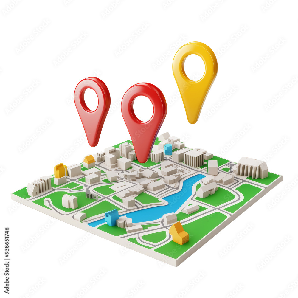 3D map with location pins representing navigation and geolocation ...