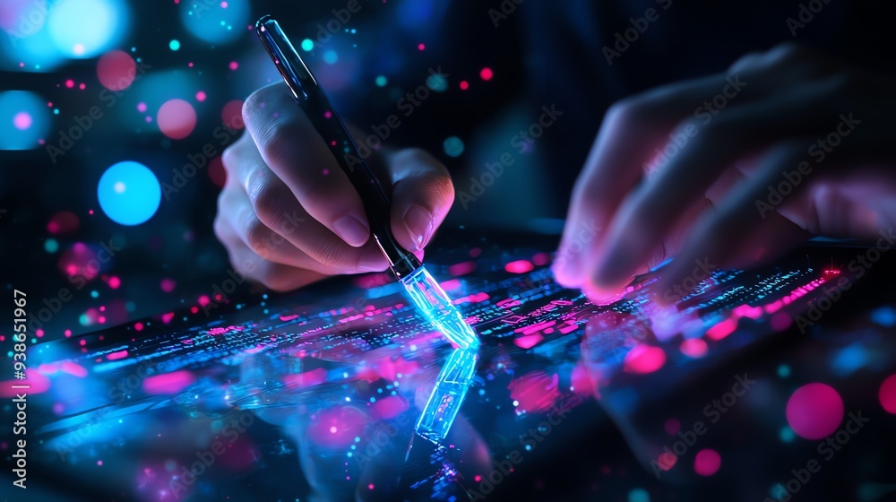 A Japanese calligraphy master using a holographic brush to create ...