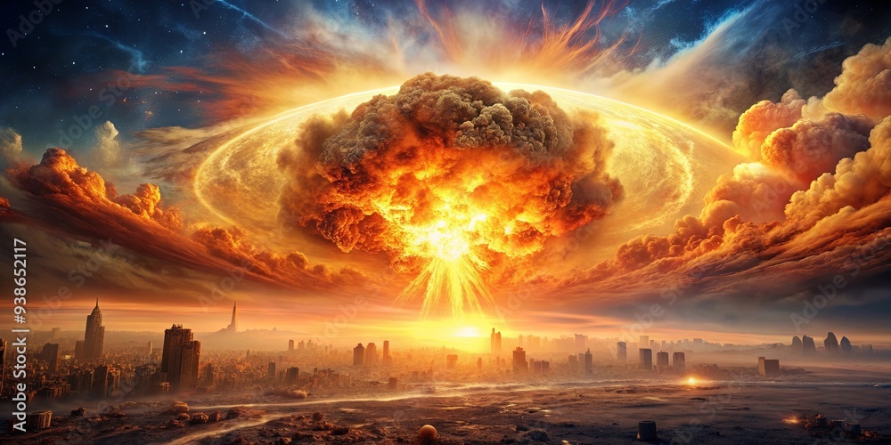 Apocalyptic scene with a fiery explosion in the sky, apocalypse ...