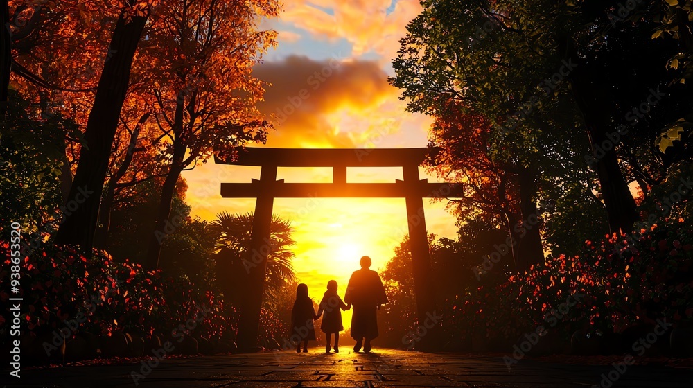 Japanese family entering a Shinto shrine, cultural heritage ...