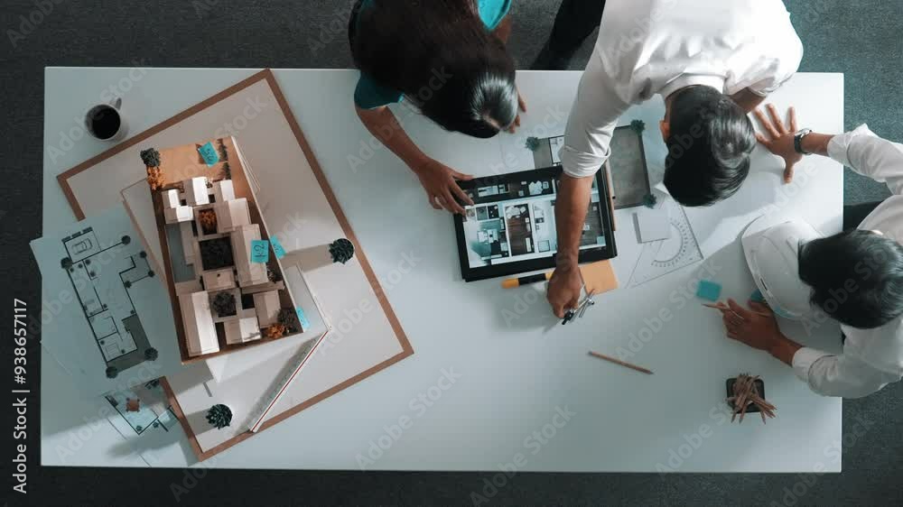 Top down view of architect engineer team discussing and point at tablet ...