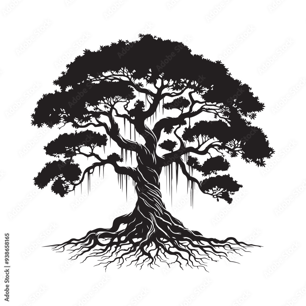 banyan tree silhouette in black color, banyan tree hand drawn vector ...