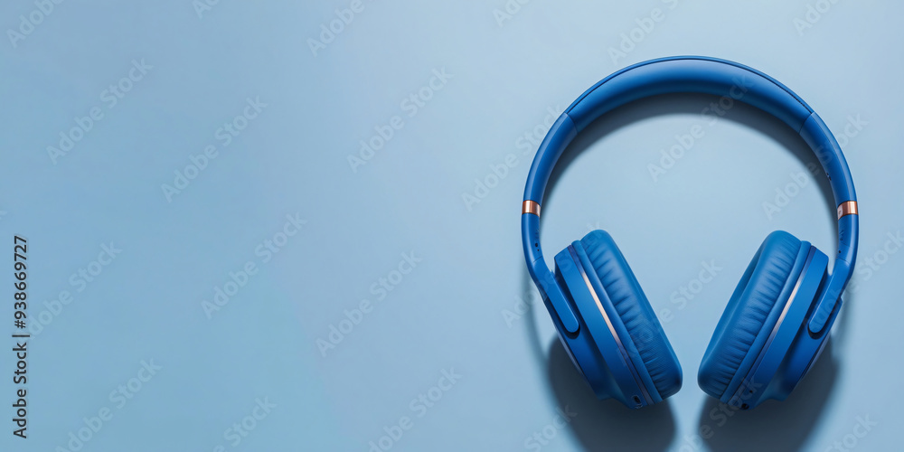 Light blue minimalistic background with headphones positioned on the ...
