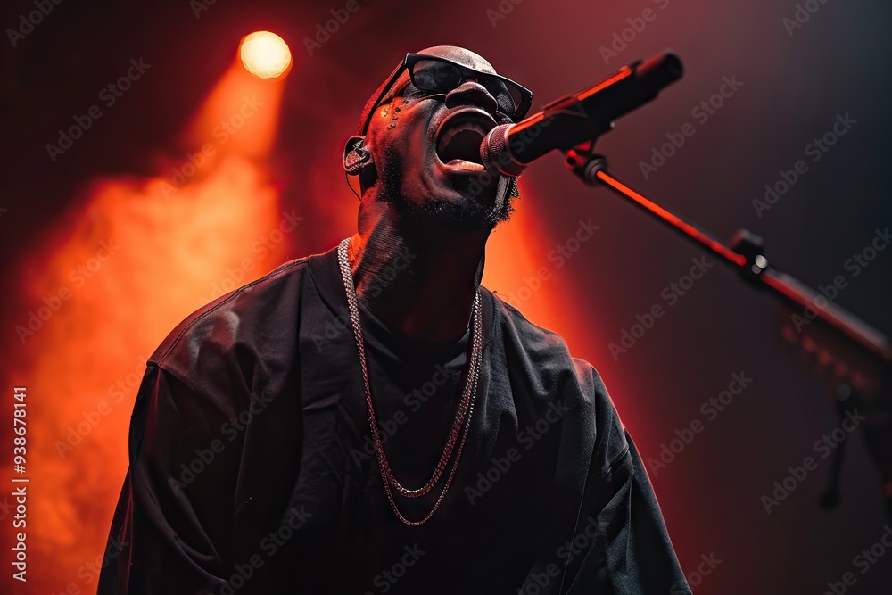 Singer belting a pop hit at a rock concert amid adoring fans, backed by ...