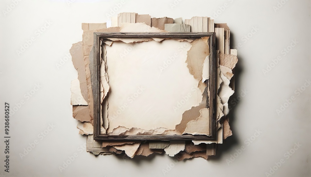 An empty, aged paper frame surrounded by layers of torn, textured paper ...