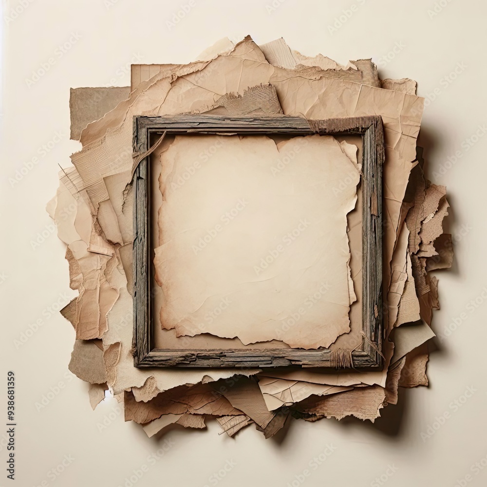 An empty, aged paper frame surrounded by layers of torn, textured paper ...