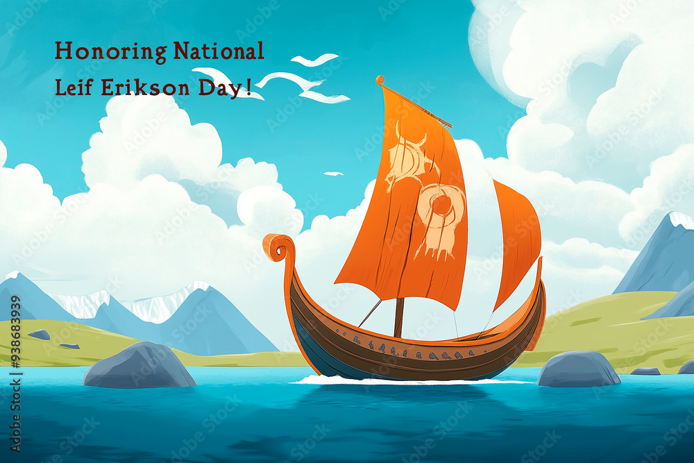Illustrate a scene with a Viking ship and adventurous sails. Add the ...