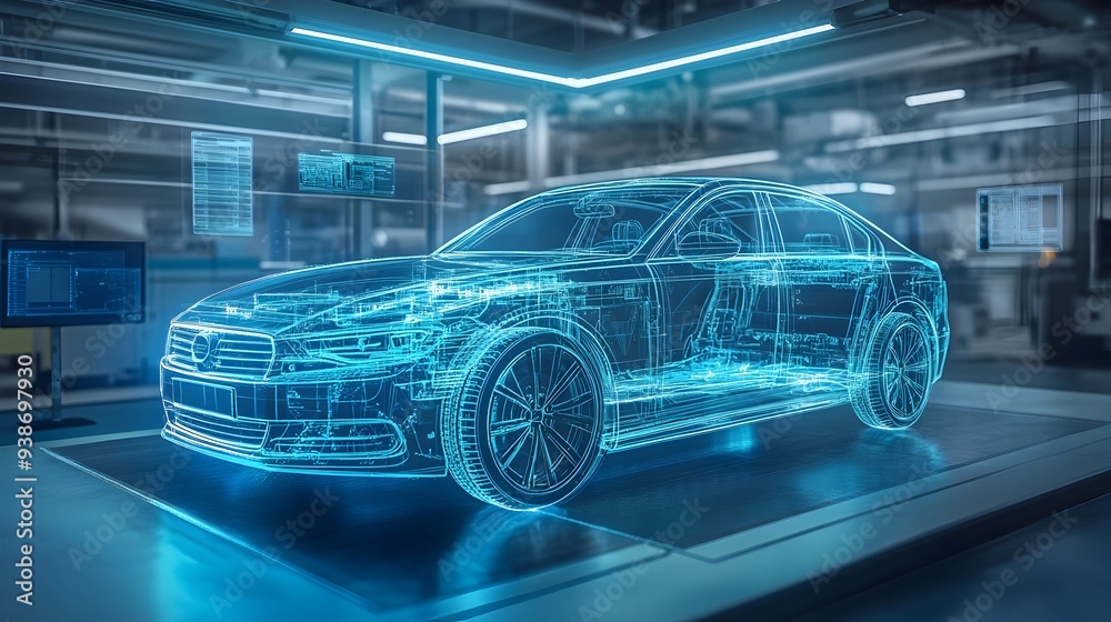 Detailed digital twin of a car model displayed in a virtual testing ...