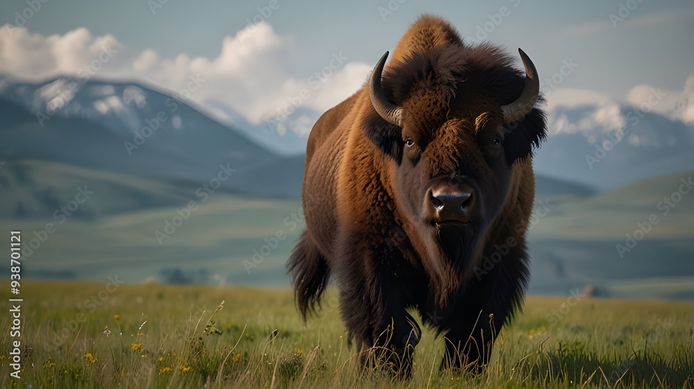 Close-Up of A majestic American bison with a thick, dark brown coat ...