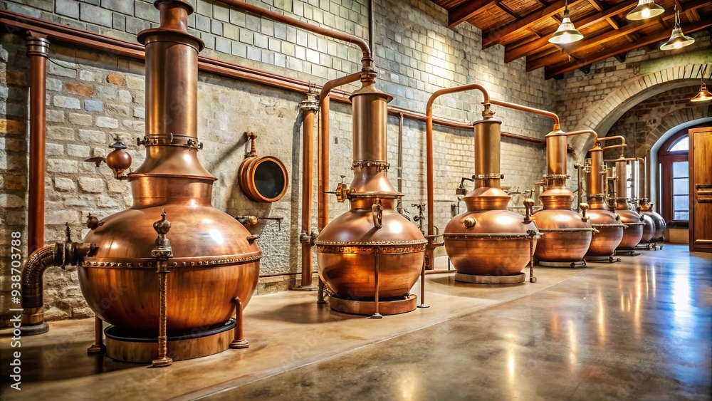 Copper alembic stills in a rustic distillery setting with stone walls ...