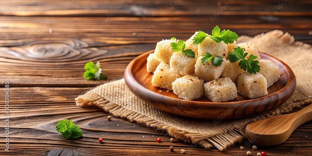 Traditional Brazilian dry meat tapioca snack on a wooden plate ...