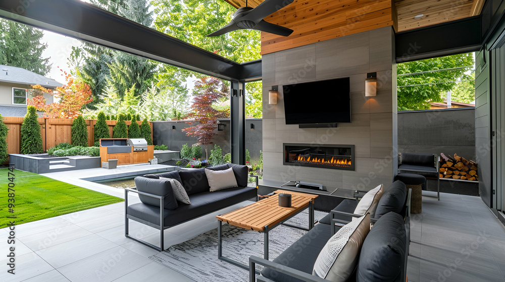 Modern covered patio in a new luxury home featuring a sleek gas ...