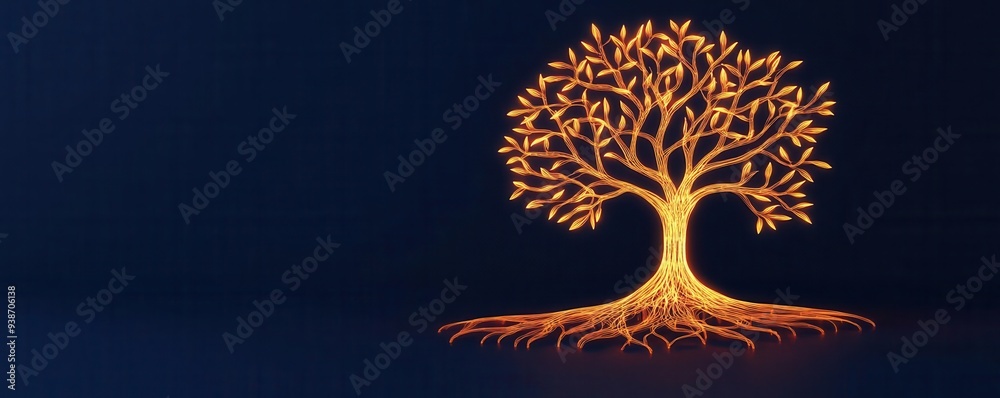 A 3D glowing tree of life with roots and branches made of light, 3D ...