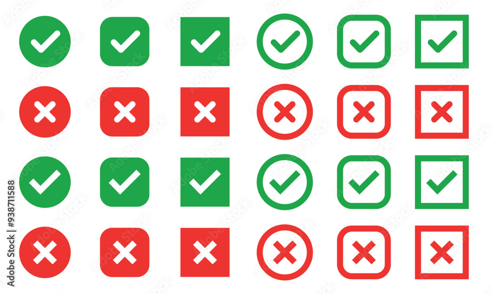 Checkmark icons green red right and wrong choices on isolated white ...