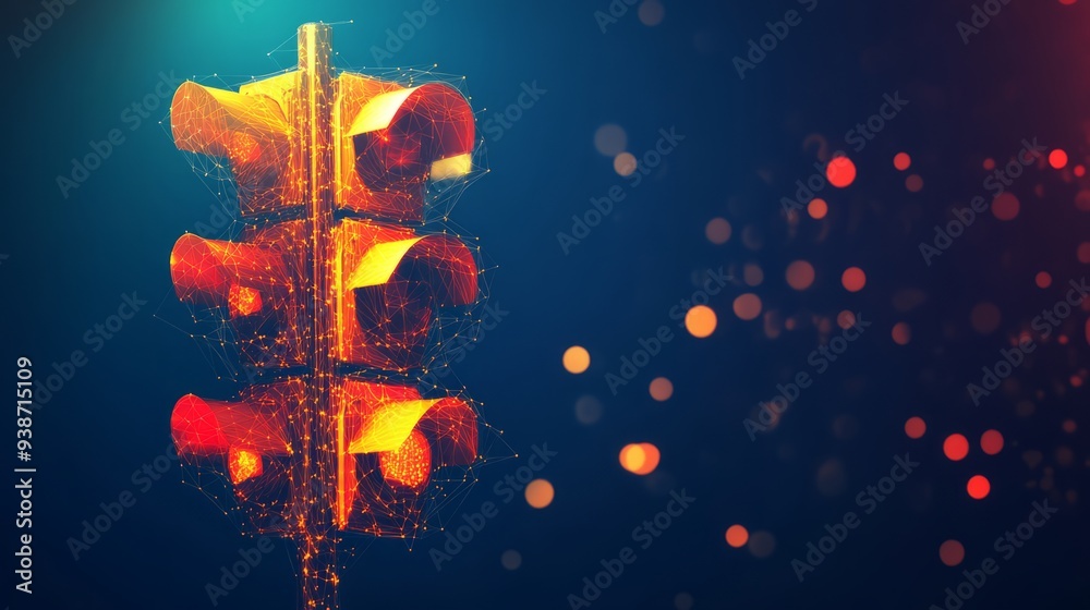 Orange traffic light low poly wireframe banner template. 3D get ready ...