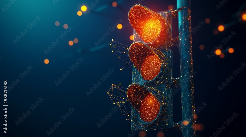 Orange traffic light low poly wireframe banner template. 3D get ready ...