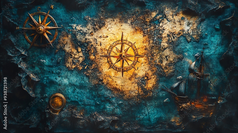 Antique treasure map illustration with compass and ship on old ...