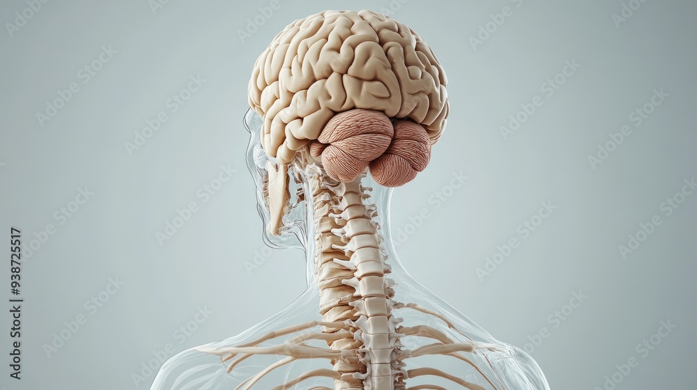 Brain and spinal cord anatomy on a neutral backdrop, designed for text ...