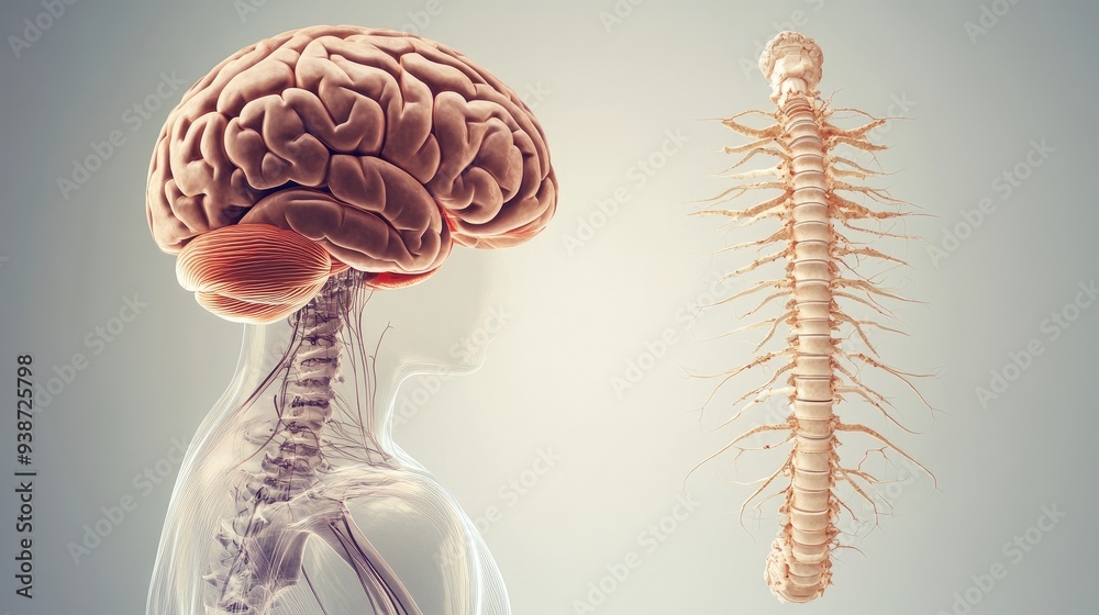 Brain and spinal cord anatomy on a plain backdrop, ideal for overlaying ...