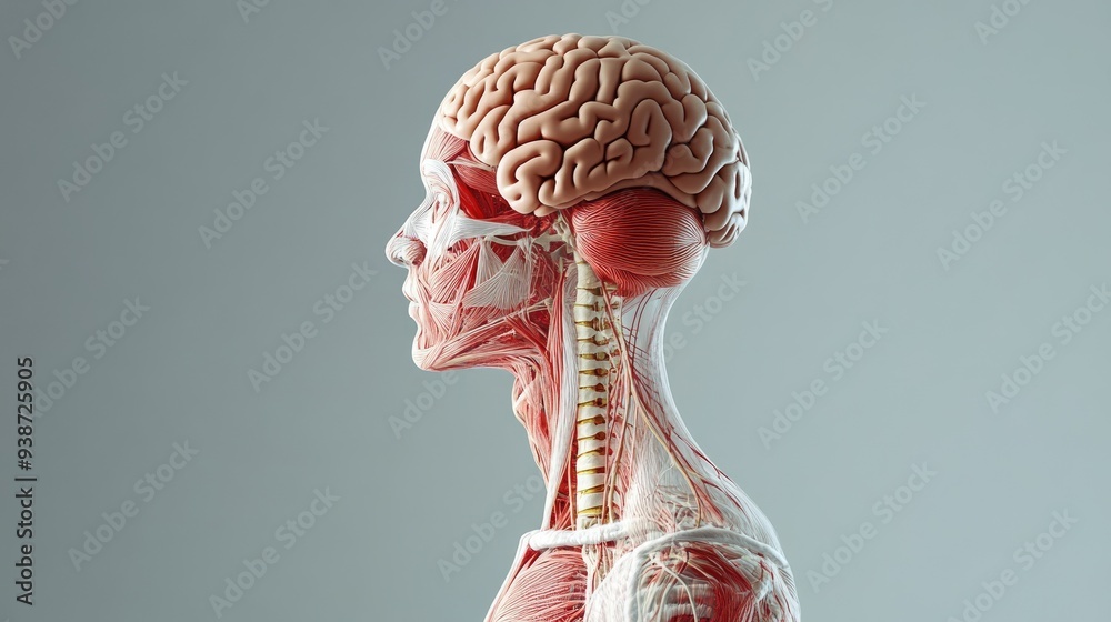 Brain and spinal cord anatomy on a plain background, designed for text ...