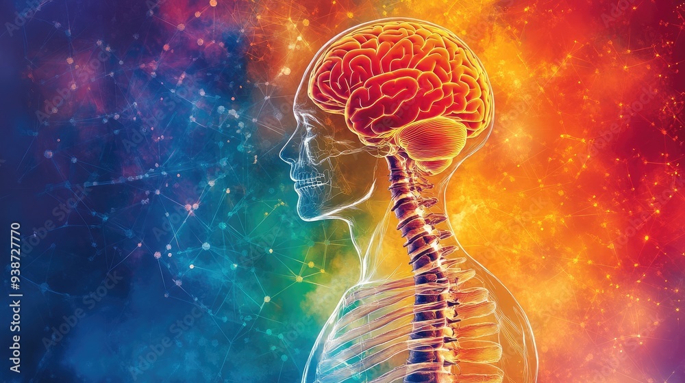 Brain and spinal cord anatomy on a vibrant-colored background, perfect ...