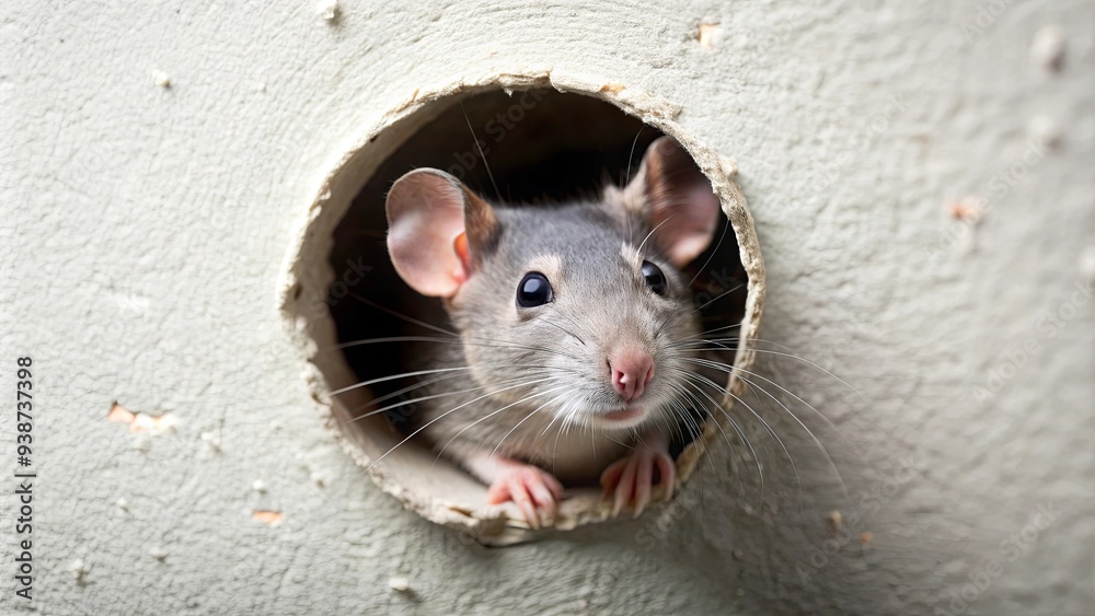 Gray rat peeking out from a hole in the wall, rat, animal, rodent ...