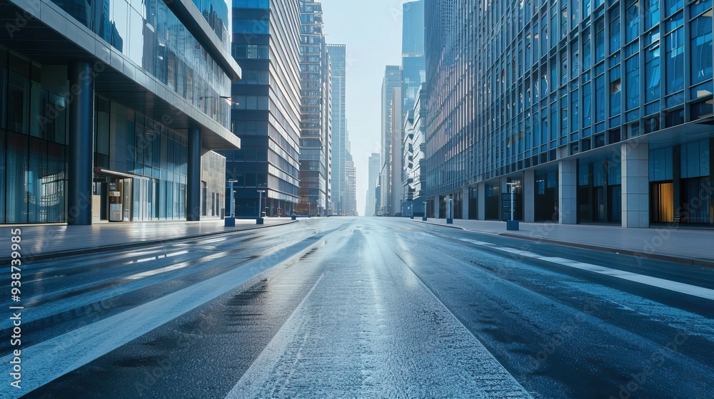 Low angle view of empty city street with white road markings and tall ...