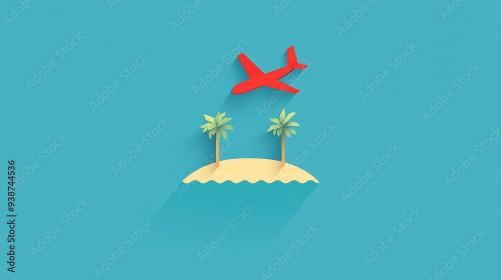A simple 2D flat design of an airplane flying over a tropical island ...