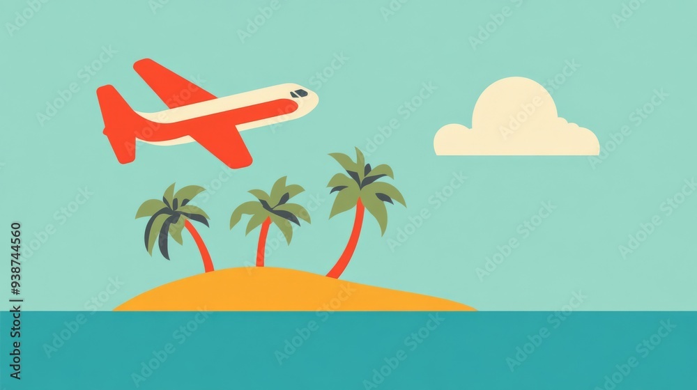 A simple 2D flat design of an airplane flying over a tropical island ...