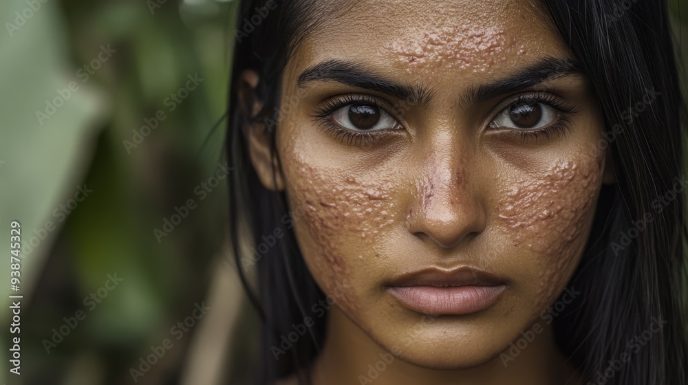 A portrait of a woman with visible facial acne looking confidently into ...