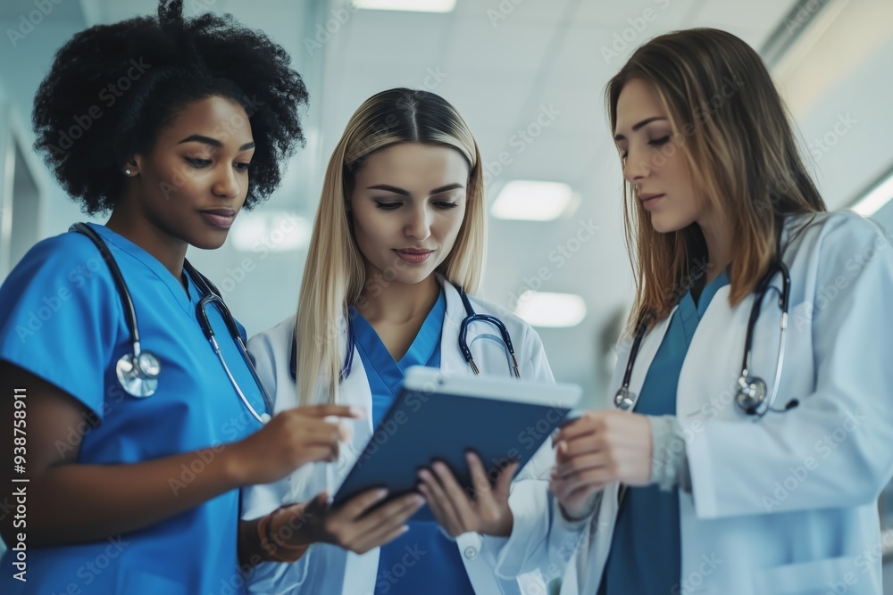 Nurses from different ethnic backgrounds using a tablet for ...