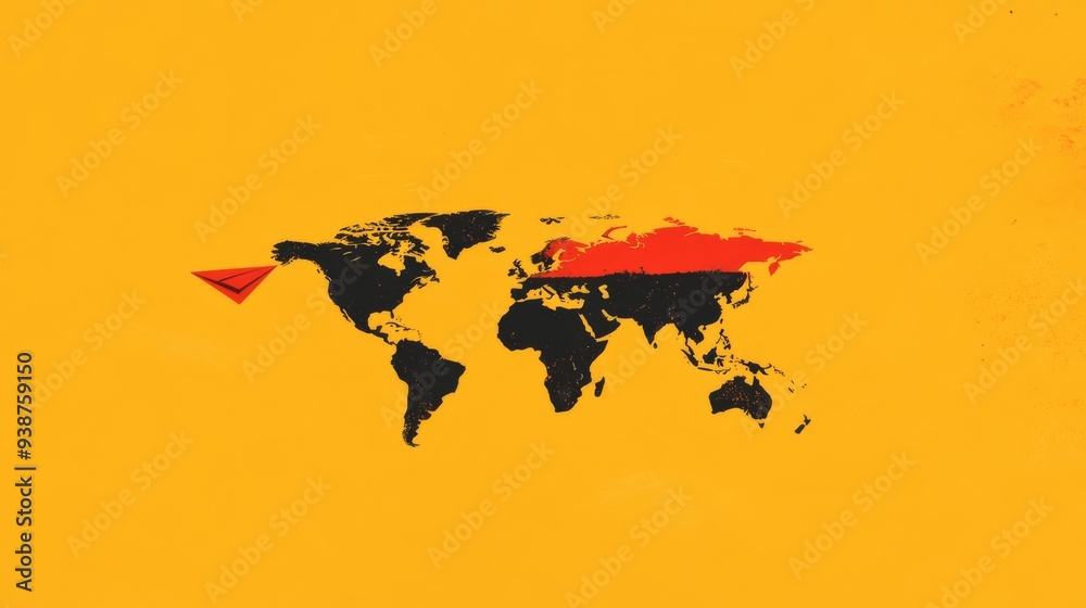 A 2D illustration of a world map with a paper plane flying over it ...