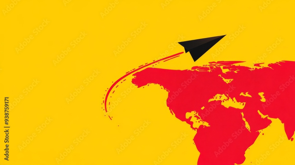A 2D illustration of a world map with a paper plane flying over it ...