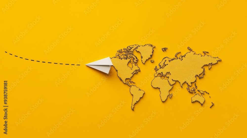 A 2D illustration of a world map with a paper plane flying over it ...
