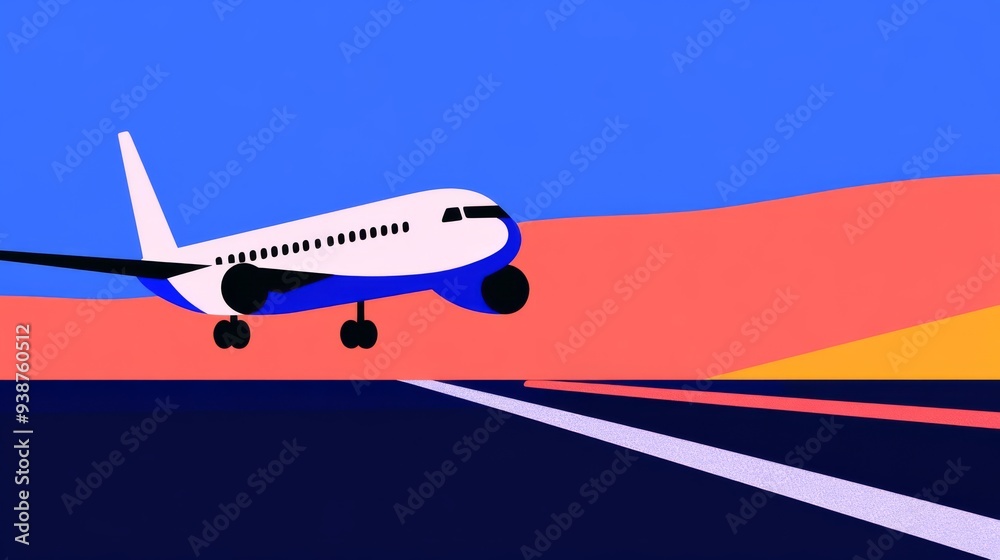 A 2D cartoonstyle illustration of an airplane taking off from a runway ...