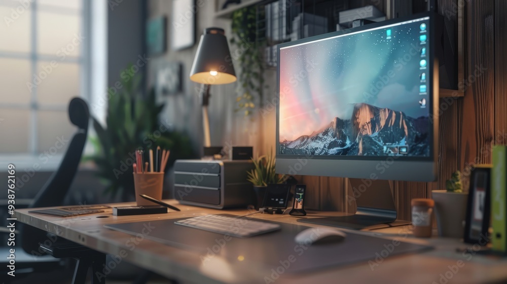 Design a scene of a computer workstation featuring a large monitor and ...