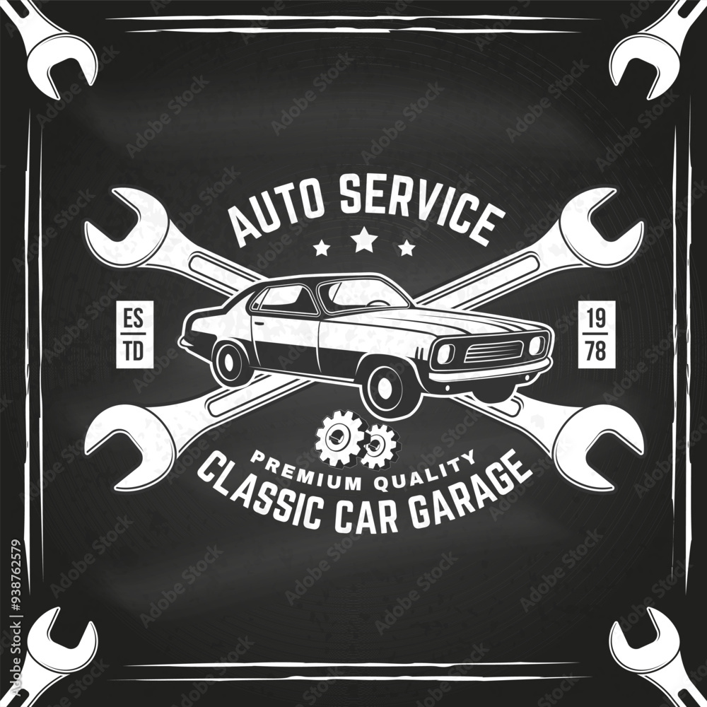 Auto service logo, emblems, badges, sticker on the chalkboard. Vector ...