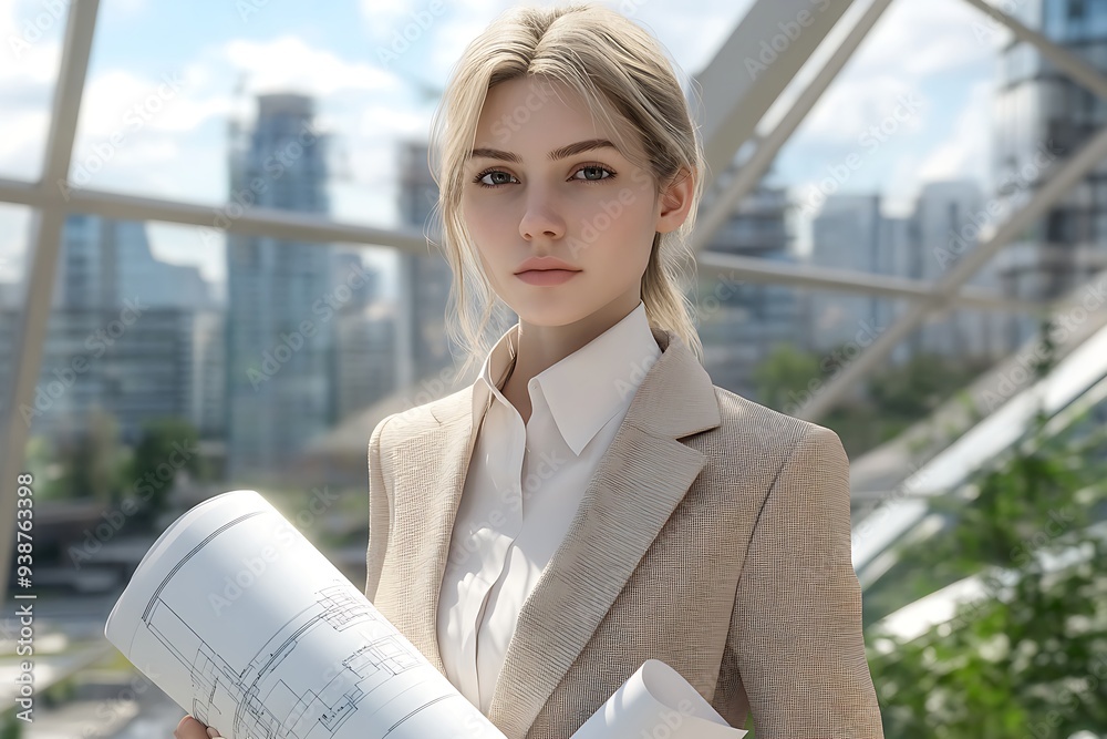 Confident female architect in a beige suit holding blueprints in a ...