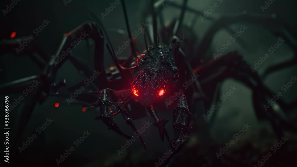 A monstrous spider with glowing red eyes creeps through the dark forest, A creature that strikes ...